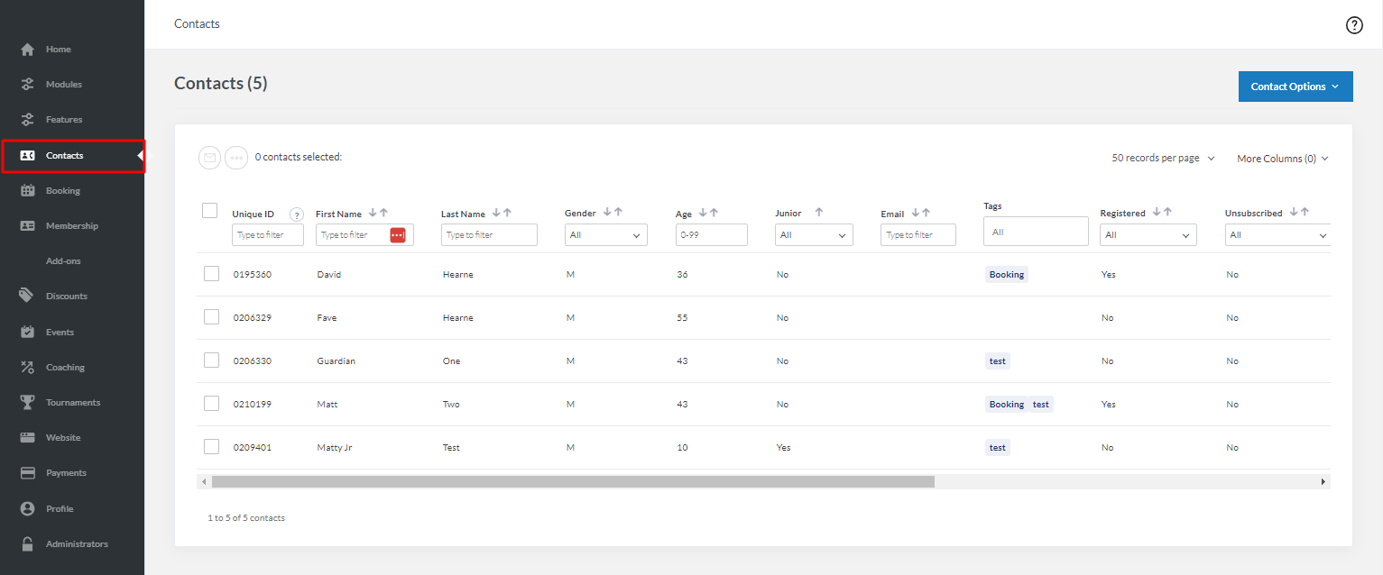 Using The Contact Table & Exporting Contacts – ClubSpark
